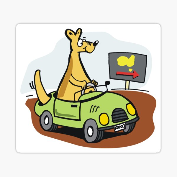 "Cute cartoon kangaroo driving car around Australia" Sticker by ...