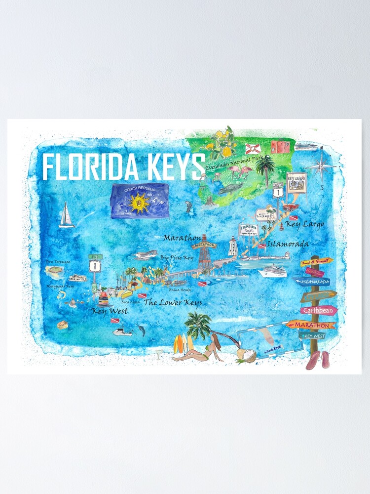 "Florida Keys Key West Marathon Key Largo Illustrated Travel Poster ...