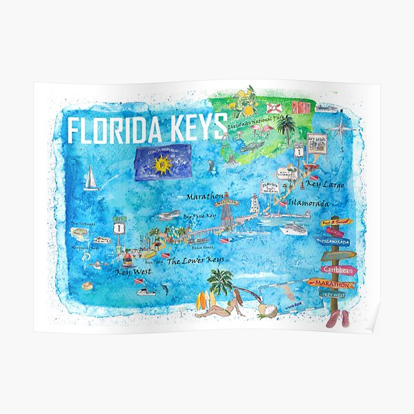 "Florida Keys Key West Marathon Key Largo Illustrated Travel Poster ...