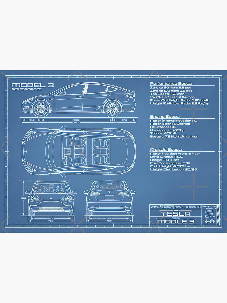"Tesla model 3 blueprint and specs" Sticker for Sale by Cosmosfield ...