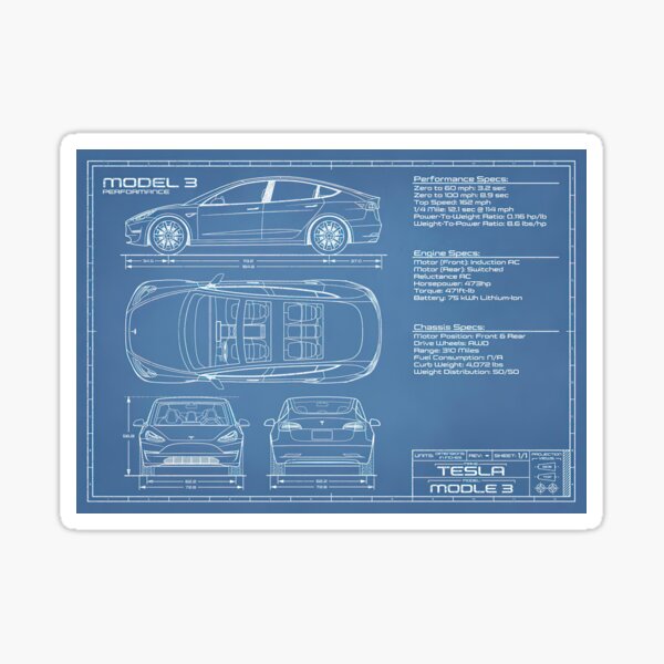 "Tesla model 3 blueprint and specs" Sticker for Sale by Cosmosfield ...