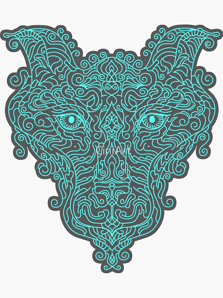 "Abstract wolf head with artistic curves in turquoise with blue ...