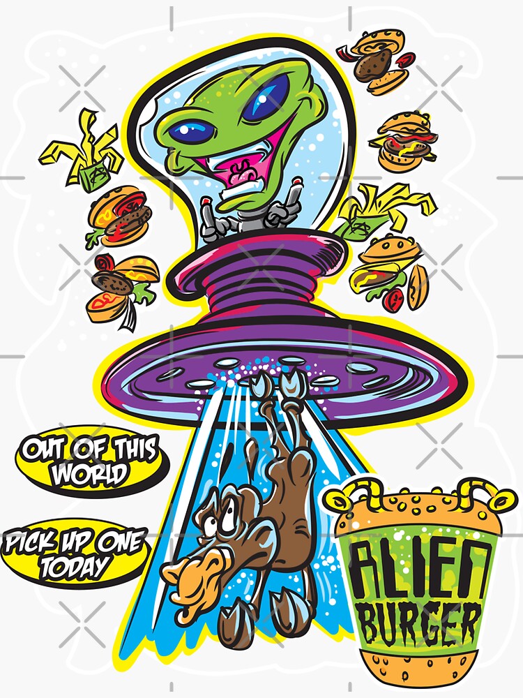 "Alien Cow Abduction Hamburger Meal by eShirtLabs" Sticker for Sale by ...