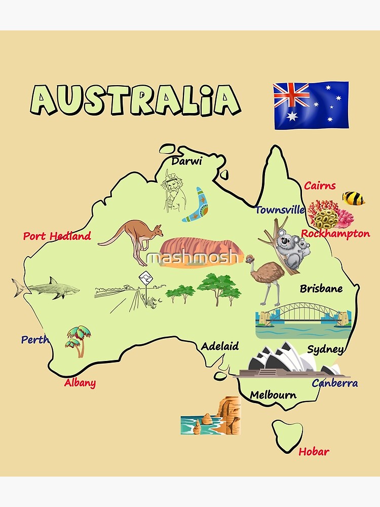 Map Of Australia With Major Cities, Flag, And Landmarks, Australia Map ...