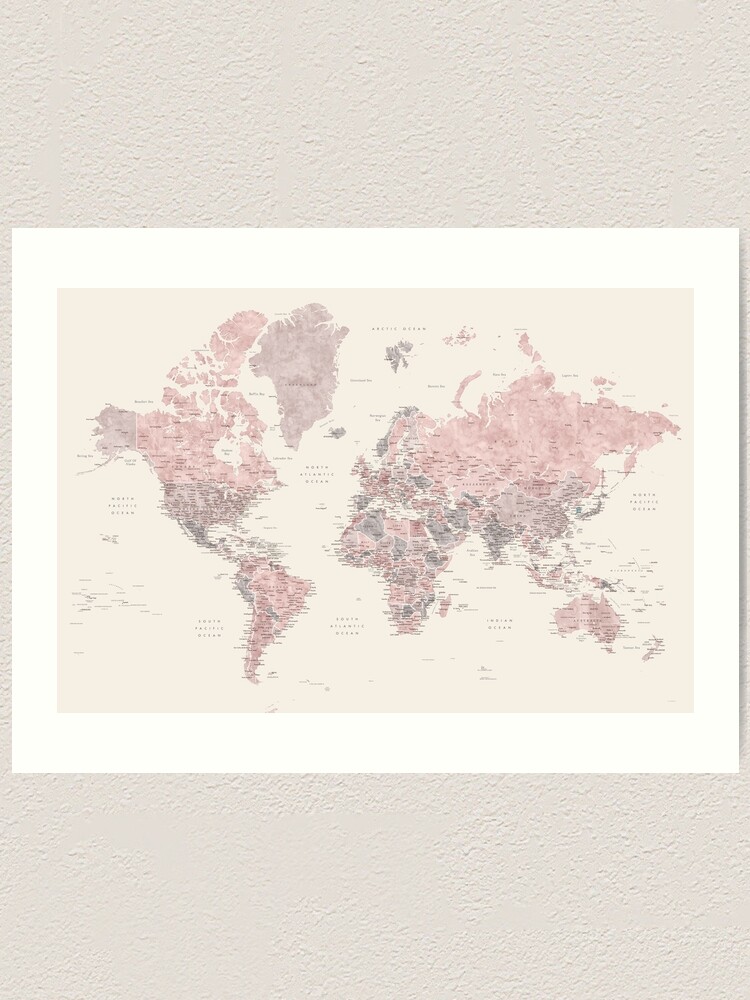 Lámina artística «Acuarela rosa polvoriento y crema mapa del mundo ...