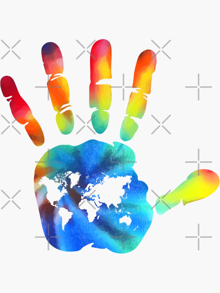 "World Map Handprint Tie Dye" Sticker by modamenta | Redbubble