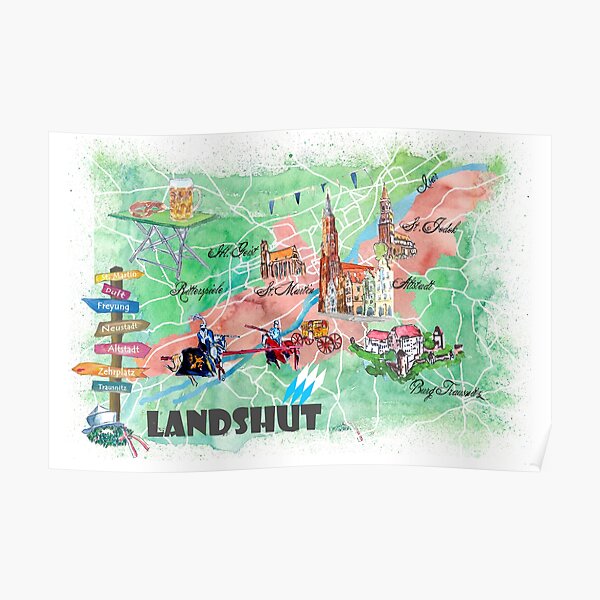 "Landshut Bavaria Illustrated Map with Main Roads Landmarks and ...