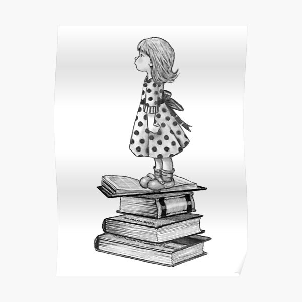 "Cute Little Girl Standing on Stack of Books Pencil Drawing" Poster by ...