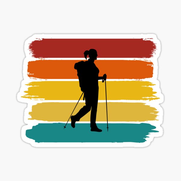 "Woman Hiker Backpacker - Retro Brush Stripes" Sticker for Sale by ...