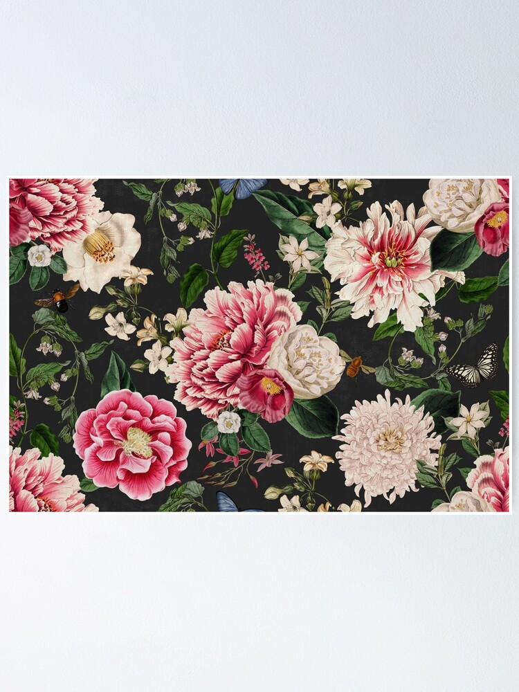 "Cottagecore English Rose Cottage Garden Flowers Floral Charcoal Dark ...