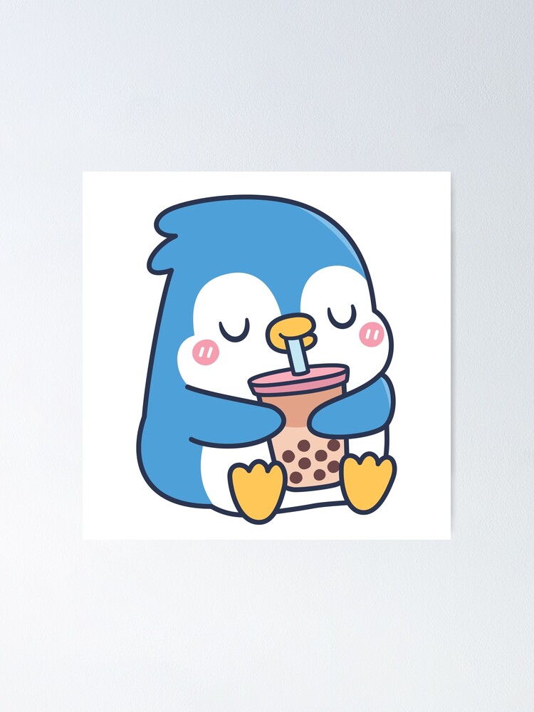 "Cute Blue Penguin Drinks Boba Tea" Poster for Sale by rustydoodle ...