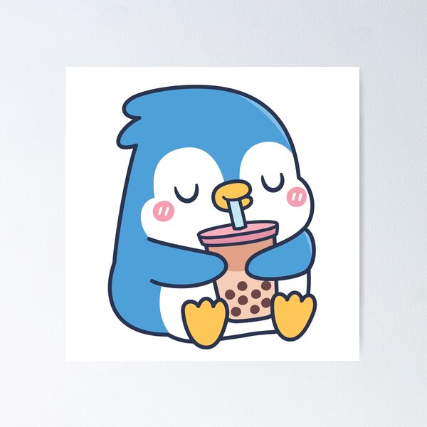 "Cute Blue Penguin Drinks Boba Tea" Poster for Sale by rustydoodle ...