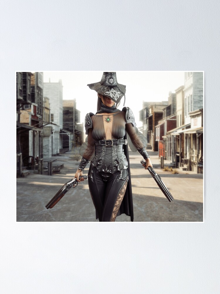 Female Cowgirl Gunslinger Walking Through The Center Of A Western Town