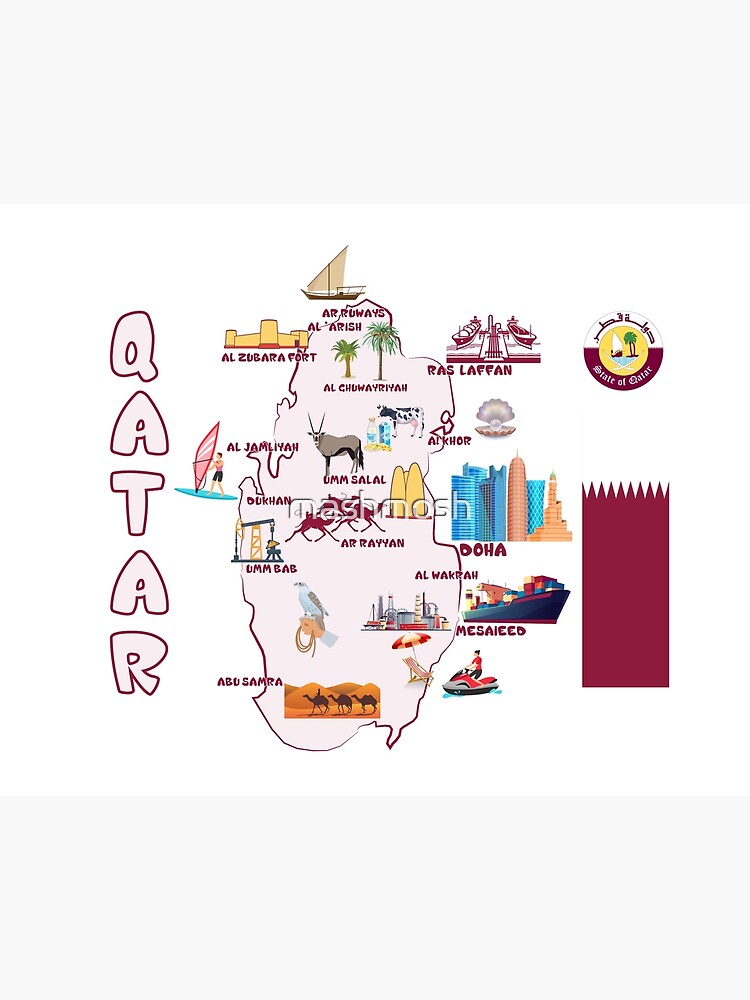 "Qatar Map tourist attractions cities flag and State of Qatar Logo" Art ...