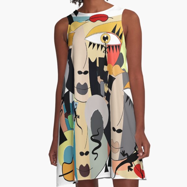 "Abstract colorful faces with abstract geometric shapes" A-Line Dress ...