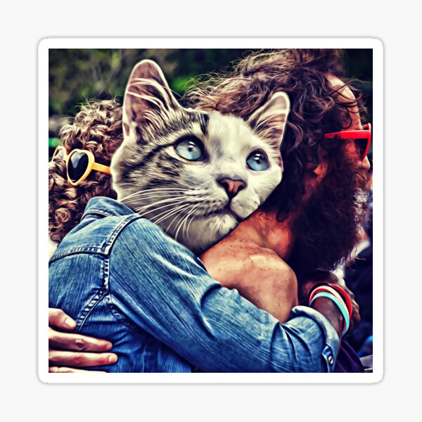 "Cat Hugging Human - Funny Surreal Cats" Sticker for Sale by ...