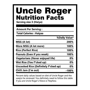 "Nutrition Facts Uncle Roger" Sticker for Sale by Art-Tease | Redbubble