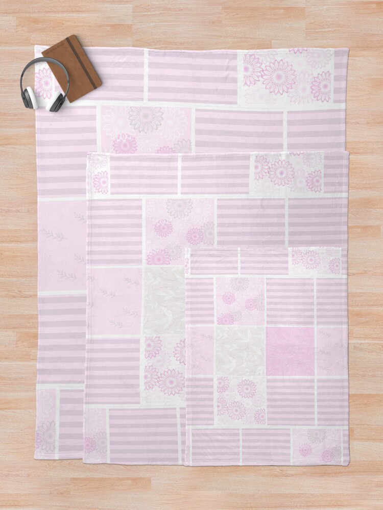 "Checkered, patch work style pink and grey floral design" Throw Blanket ...