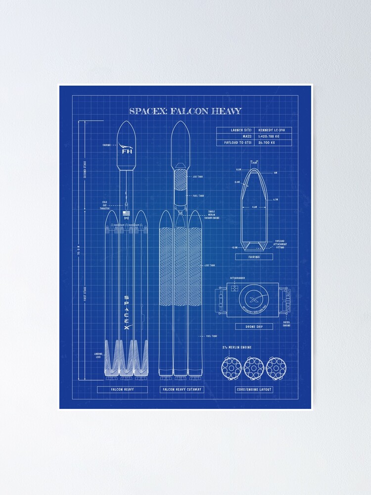 Poster « SpaceX: Falcon Heavy (Blueprint - Vertical Version) », par ...