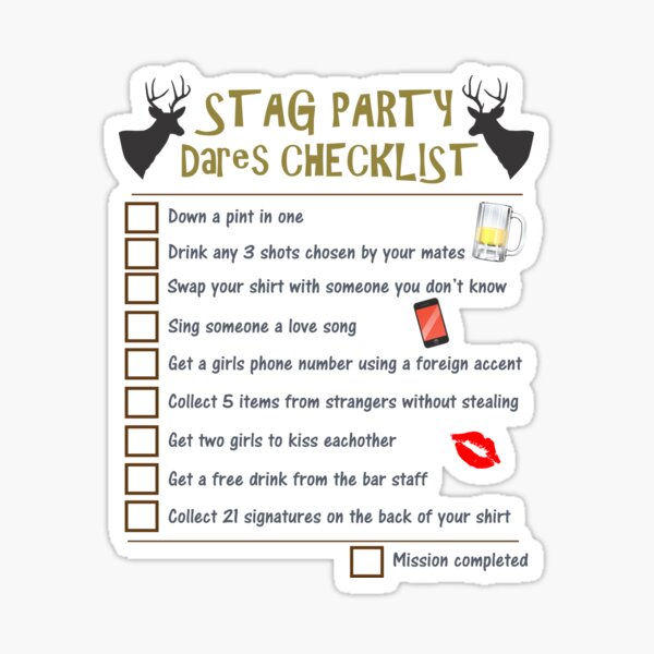 "Stag Do Dares Checklist" Sticker for Sale by Pixato | Redbubble