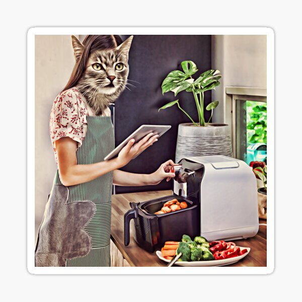 "Cat Cooking With Air Fryer - Funny Surreal Cats" Sticker for Sale by ...