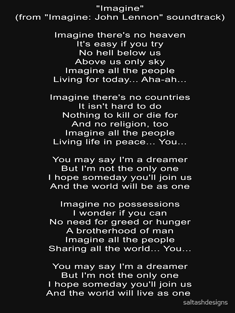 "Imagine Lyrics from Imagine Soundtrack by John Lennon" T-shirt by ...