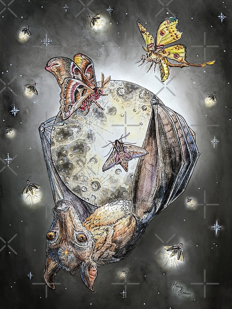 "Flying fox and Moon artwork; bat hanging from the moon with moths and ...