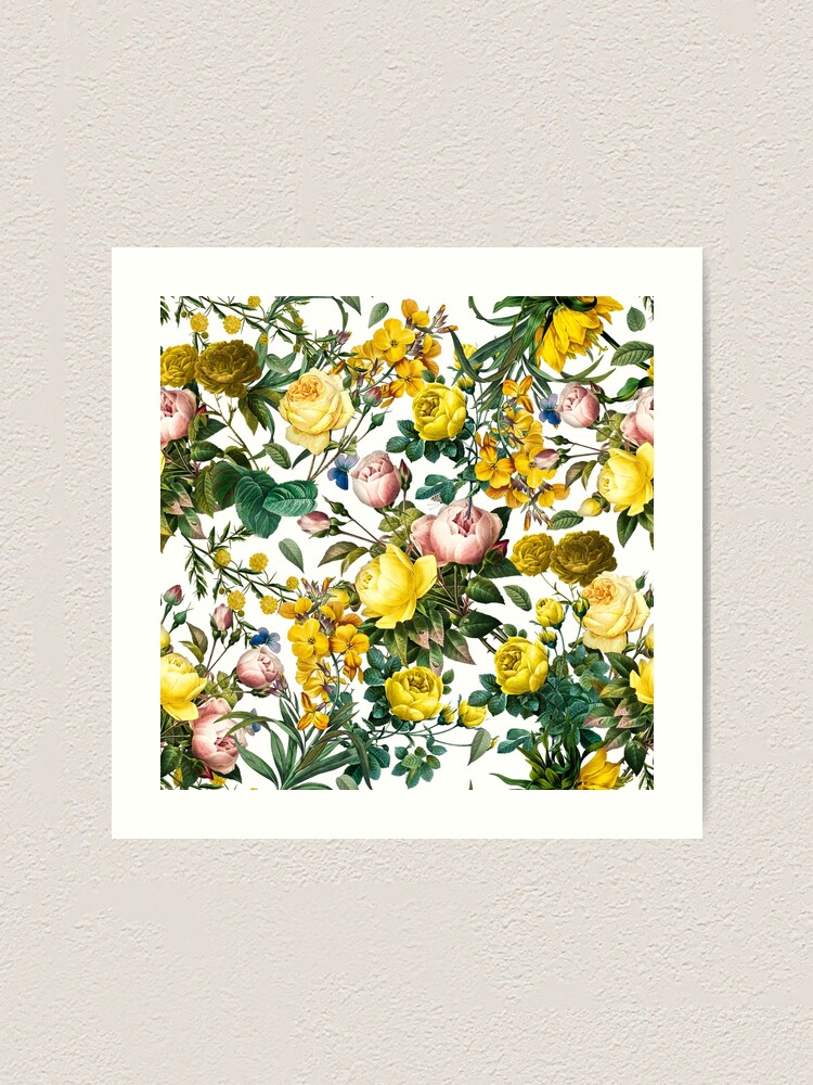 "Vintage yellow roses blue butterflies nostalgia cottagecore pattern ...