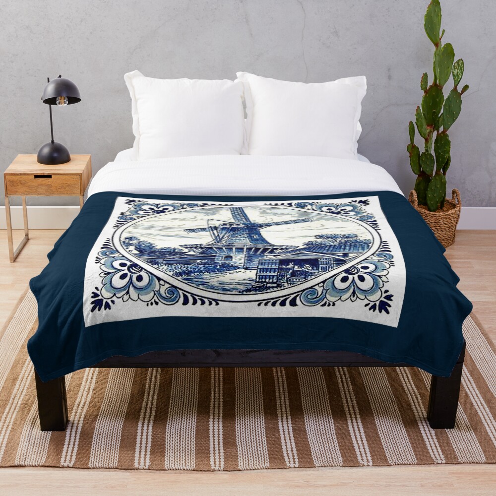 " DUTCH BLUE DELFT : Vintage Windmill Print" Throw Blanket for Sale by ...