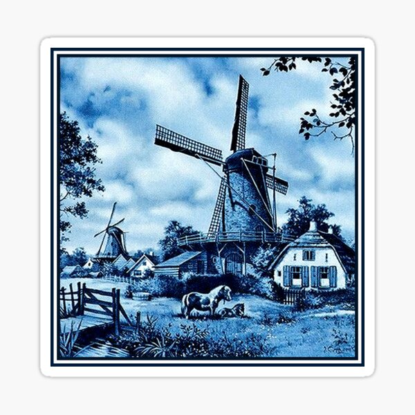 " DUTCH BLUE DELFT : Vintage Windmills on a Farm Print" Sticker for ...