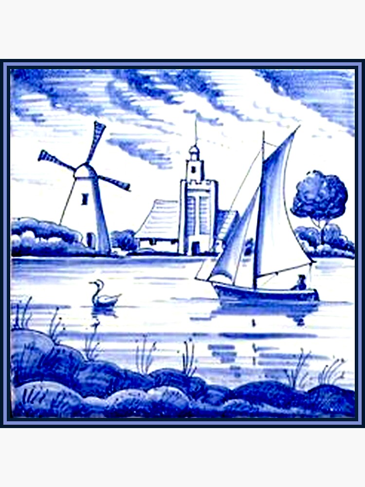 " DUTCH BLUE DELFT: Vintage Windmill and Sailboats Print" Sticker for ...