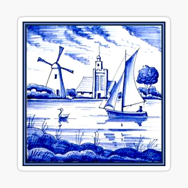 " DUTCH BLUE DELFT: Vintage Windmill and Sailboats Print" Sticker for ...