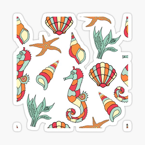 "Aloha Beach Sea Shells Sea Horse Starfish Beach Vibes" Sticker for ...