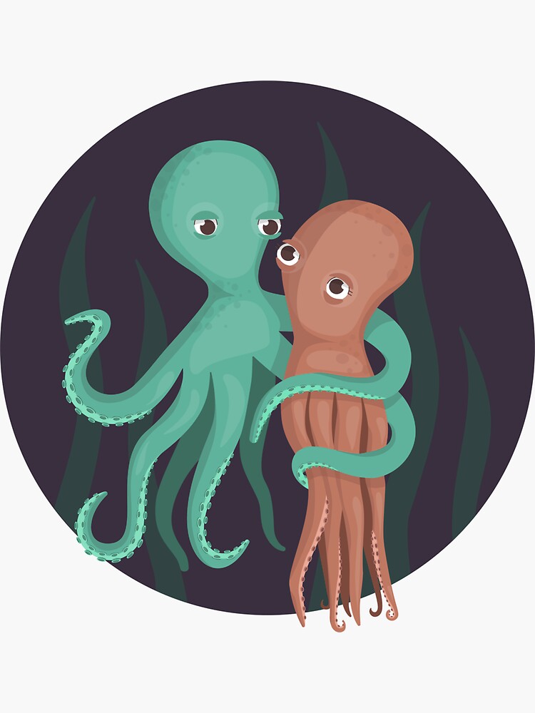 "Girl octopus and boy octopus are love each other and hugging" Sticker ...