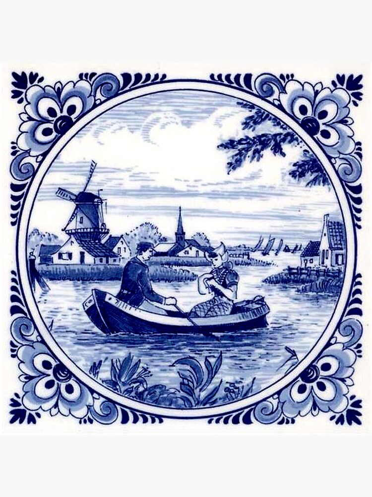 "DUTCH BLUE DELFT: Vintage Windmill Church and Sailboats Print" Sticker ...