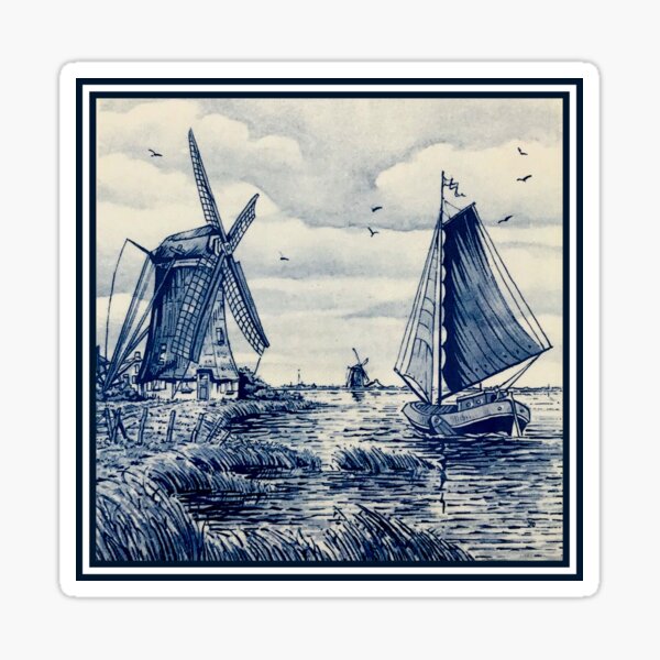 " DUTCH BLUE DELFT: Vintage Windmill and Sailboats Print" Sticker for ...