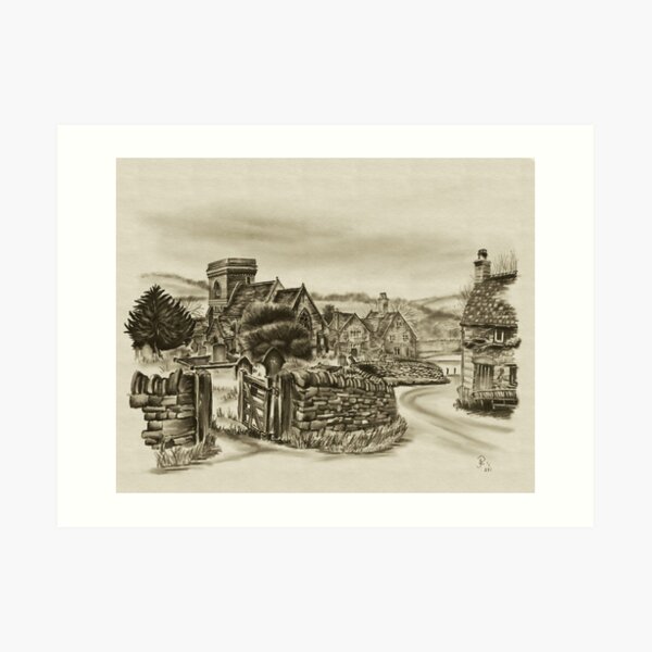 "Snowshill, The Cotswolds, England, Pencil Drawing" Art Print by ...