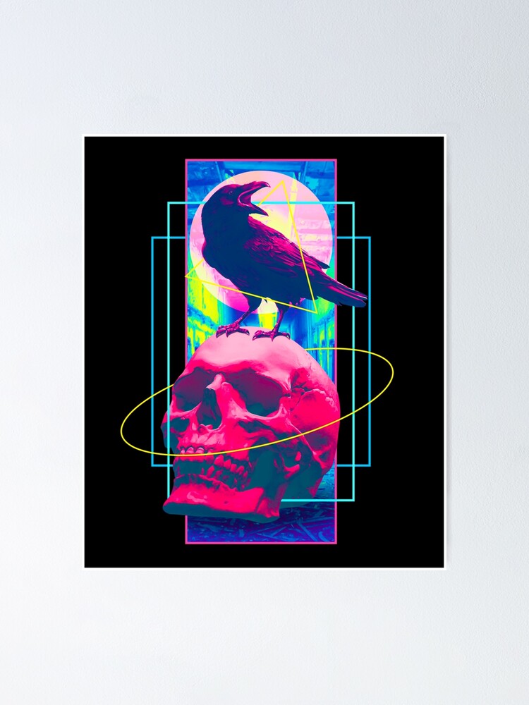 "Vaporwave Skull & Crow - Halloween Retro Aesthetic Art " Poster by ...