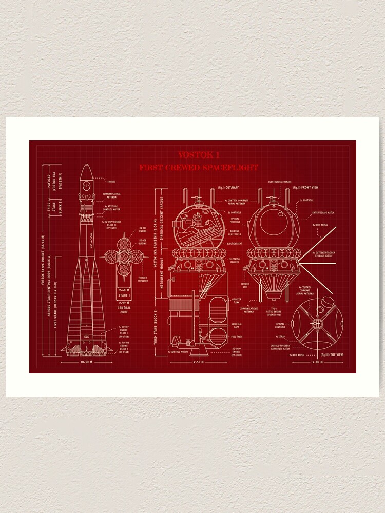 "Vostok 1: First Crewed Spaceflight Blueprint (Red Color)" Art Print by ...