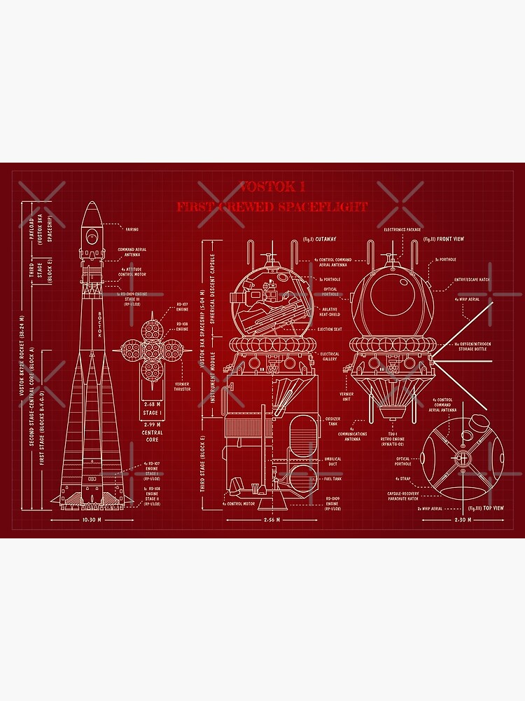"Vostok 1: First Crewed Spaceflight Blueprint (Red Color)" Art Print by ...