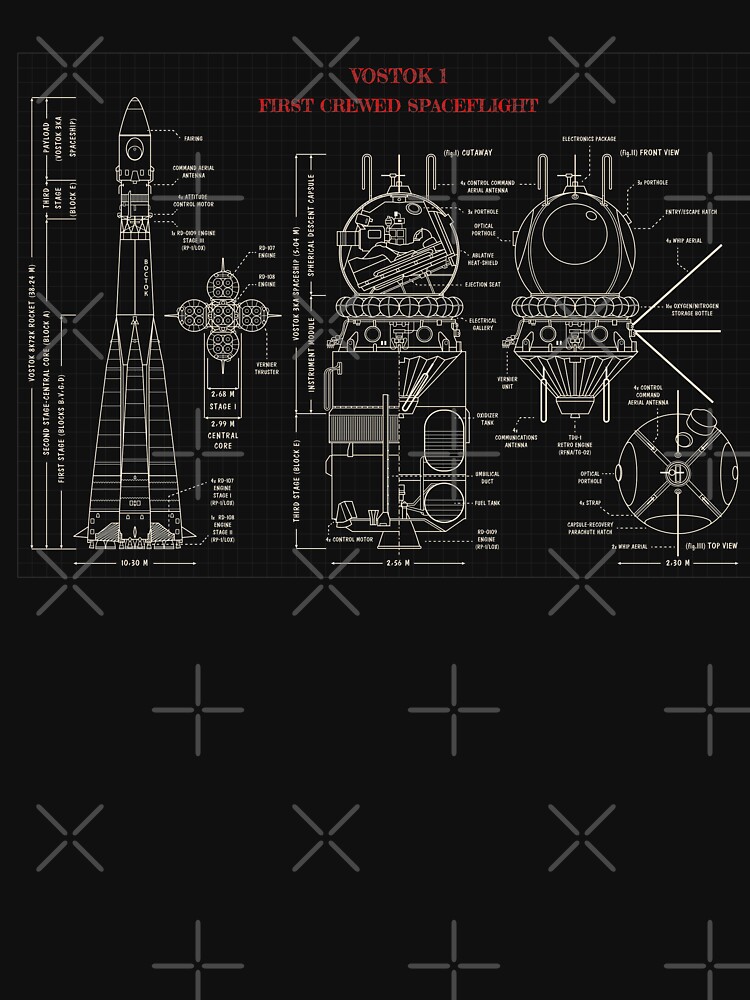 "Vostok 1: First Crewed Spaceflight Blueprint (Red Color)" T-shirt by ...