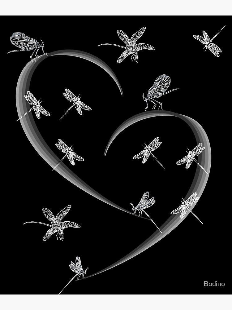 Póster «Un corazón roto con libélulas, gris y negro basado en un estilo ...
