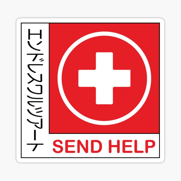 "SEND HELP small logo" Sticker for Sale by ENDLESSWALTZART | Redbubble
