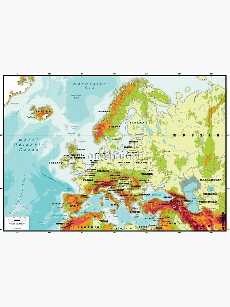 "physical map of EUROPE topographic map of EUROPE with Country names, Capitals and Major Lakes ...