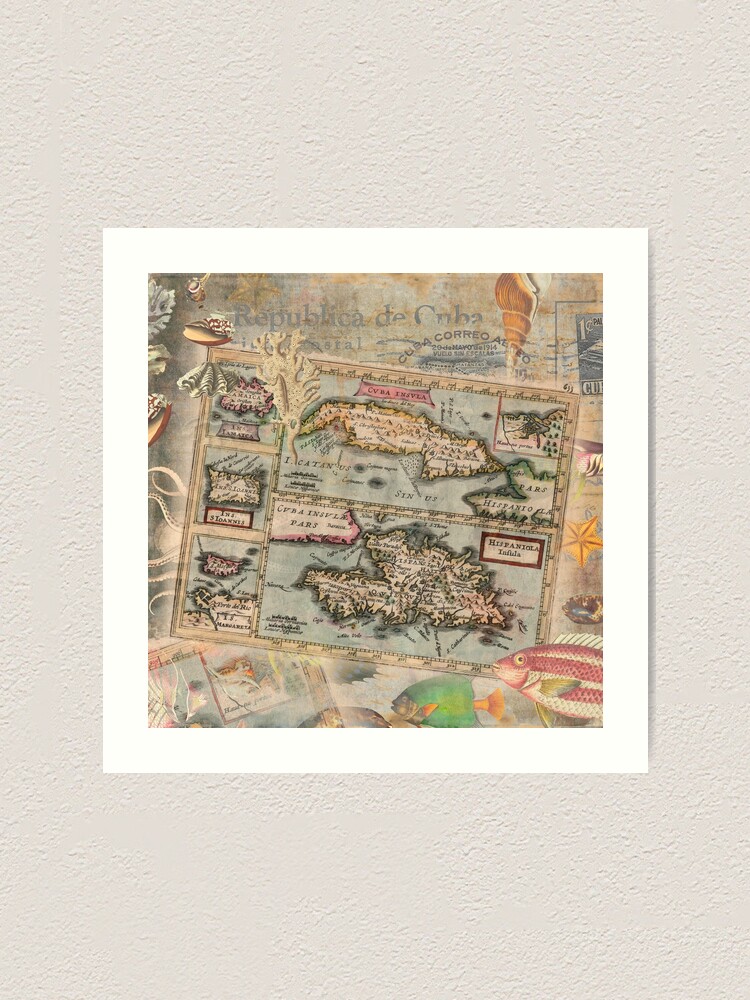 Lámina artística «Collage de mapa vintage de Cuba, Puerto Rico, Haití y ...