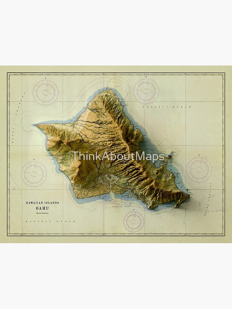 1959 Oahu Relief Map 3D digitally-rendered Premium Matte Vertical ...