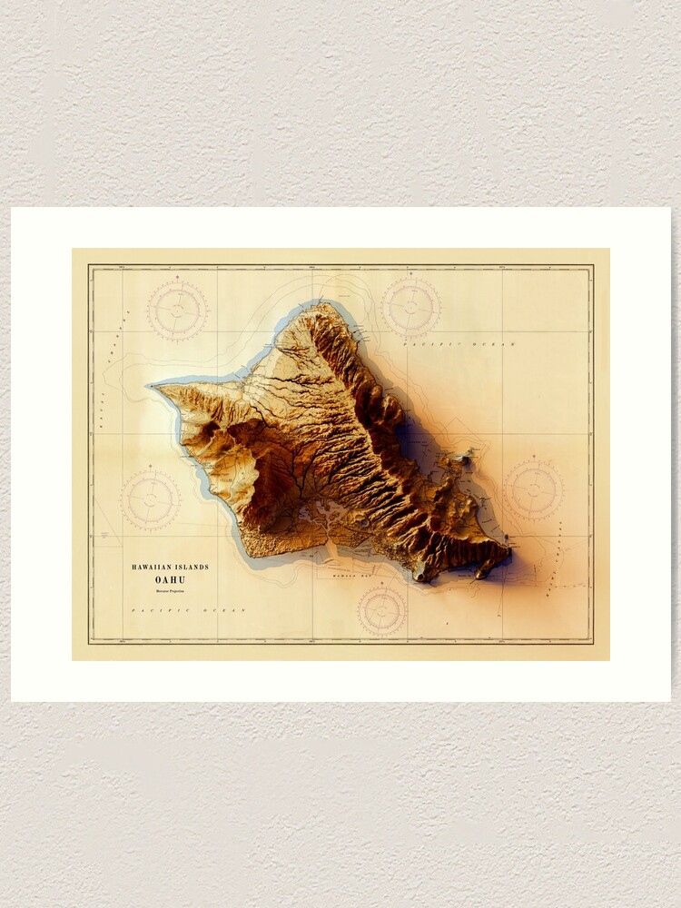 "1959 Oahu Sunset Relief Map 3D digitally-rendered" Art Print for Sale ...