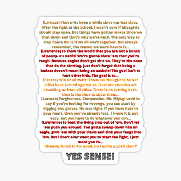 "Different Dojos of Cobra Kai Speeches to Student Scene Script ...