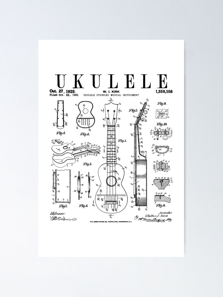 "Ukulele Musical Instrument Uke Vintage Patent Drawing Print" Poster by ...