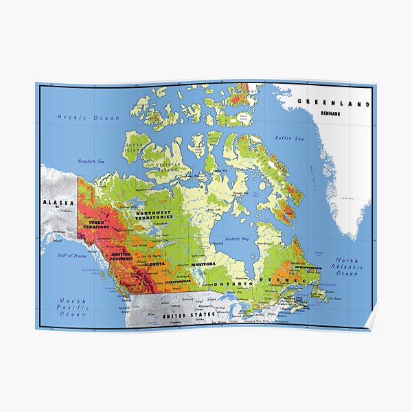 "physical map of CANADA, topographic map of CANADA with names for the ...